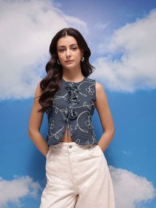 CORSICA Casual Self Design Women Blue Top - Buy CORSICA Casual Self ...