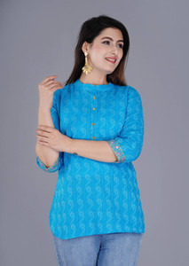 AK FUSION Casual Printed Women Light Blue Top - Buy AK FUSION Casual ...