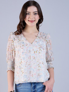 Freehand Party Floral Print Women White Top - Buy Freehand Party Floral ...