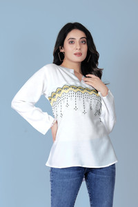 Qosha Casual Embroidered Women White Top - Buy Qosha Casual Embroidered ...