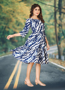NANDA CREATIVES Women Ethnic Dress Dark Blue, White Knee Length Dress ...