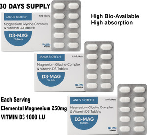 Janus Biotech D3-MAG Tablets Magnesium Glycine 250mg Vitamin D3 1000 I ...