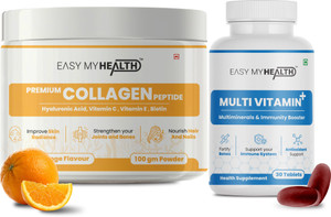EASY MY HEALTH Premium Collagen Powder (100g, Orange) and Multivitamin ...