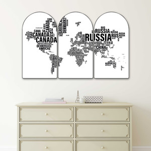 SAF PRINT Black & White Typography World Map Triptych | Arch Shape Wall ...