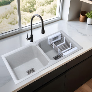 RUHE Quartz Double Bowl 37x18x9 inches Kitchen Sink| Sand Pluto Matte ...