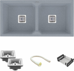 Lipka Smokey Grey Quartz Double Bowl 37x18x9 Inches Kitchen Sink With 2 ...