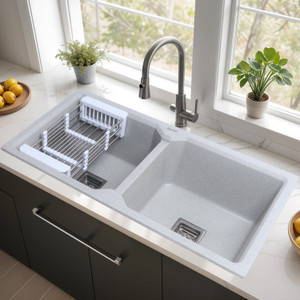 RUHE Quartz Double Bowl 37x18x9 inches Kitchen Sink| Sand Pluto Matte ...