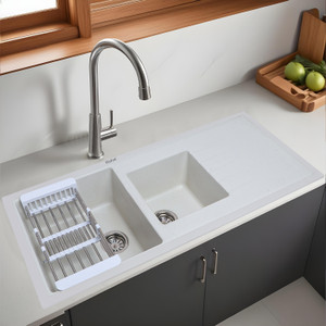 RUHE 12mm Thick Quartz Double Bowl with Drainboard Kitchen Sink (45 x ...