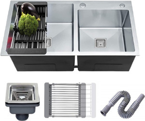 MESSINA 32 X 18 X 10 Tap hole Handmade Kitchen Sink Double Bowl Sound ...