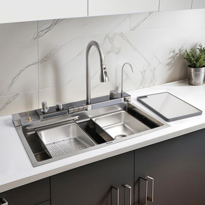 RUHE Piano Silver Kitchen Sink Integrated Waterfall Single Bowl with ...