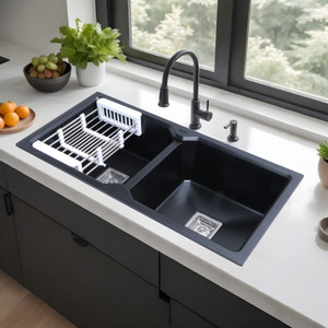 RUHE Quartz Double Bowl 37x18x9 inches Kitchen Sink| Black Matte Finish ...