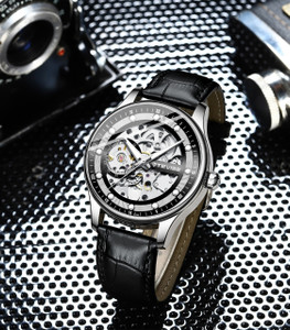 OVERFLY TEVISE Black Automatic Skeleton Mechanical Dial Luxury leather ...