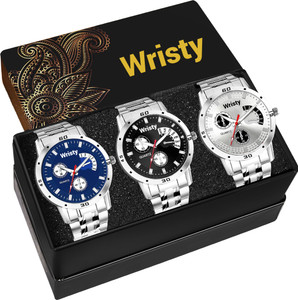 Wristy Premium Collection of 3 Black blue and Silver Analog Watch-For ...