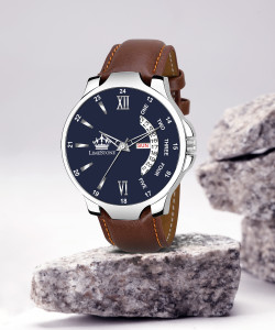 LIMESTONE New Day and Date Functioning Tan Strap Blue Dial Quartz ...