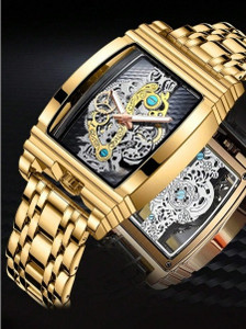 RS TRADER CO STAINLESS STEEL GOLD CHAIN SKELETON DIAL ANALOG STAINLESS ...