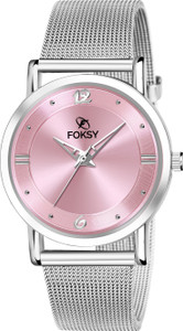 Foksy FKS-1054W Pink Studded Dial & Silver Trendy Elegant Bracelet ...